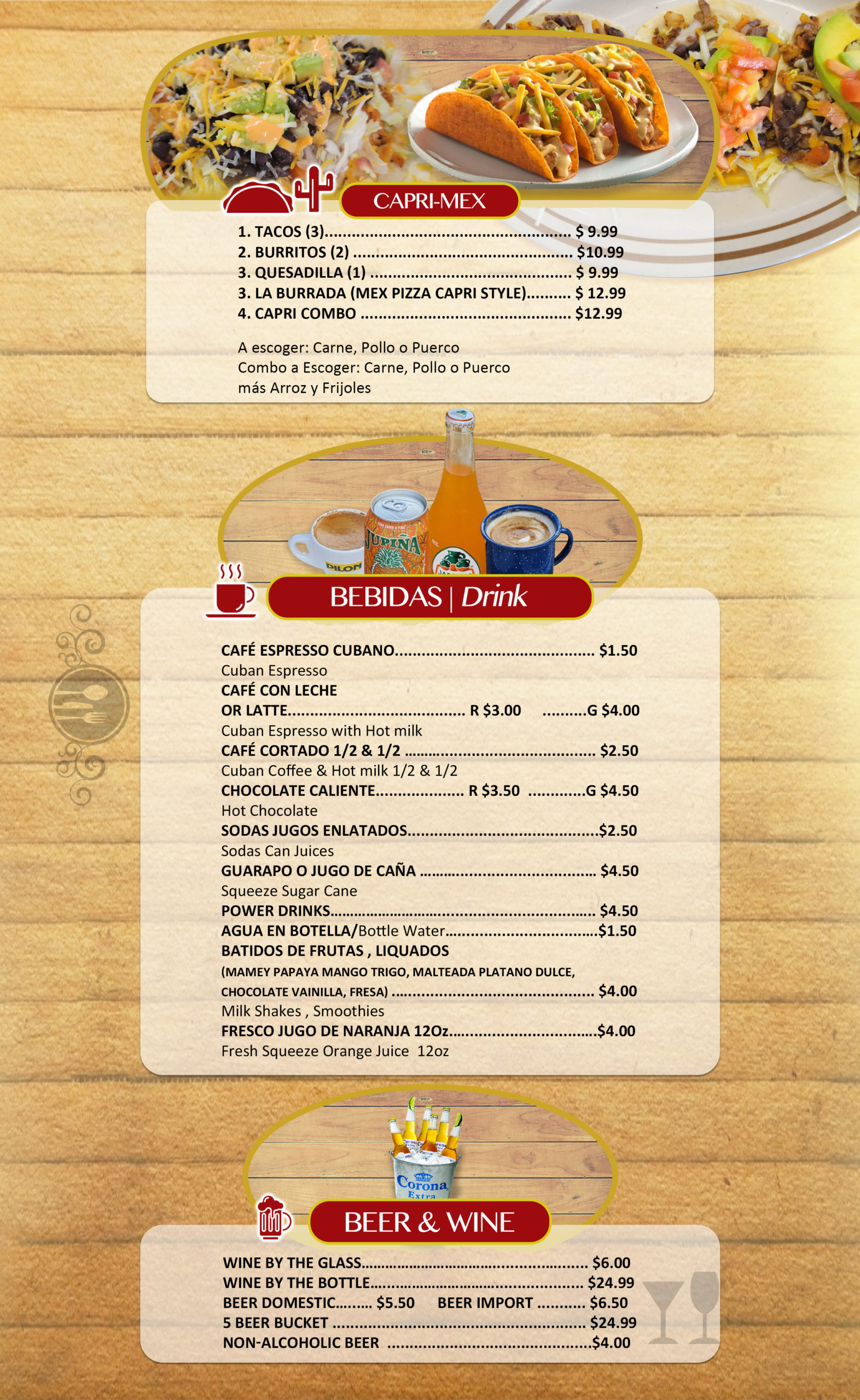 Menu | Capri Bakery & Restaurant